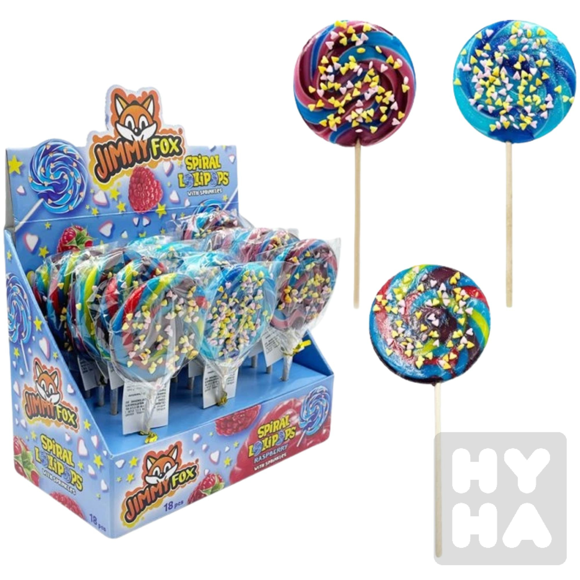 JimmyFox Spiral Lollipops raspberry with sprinkles 50g/18ks | HYHA